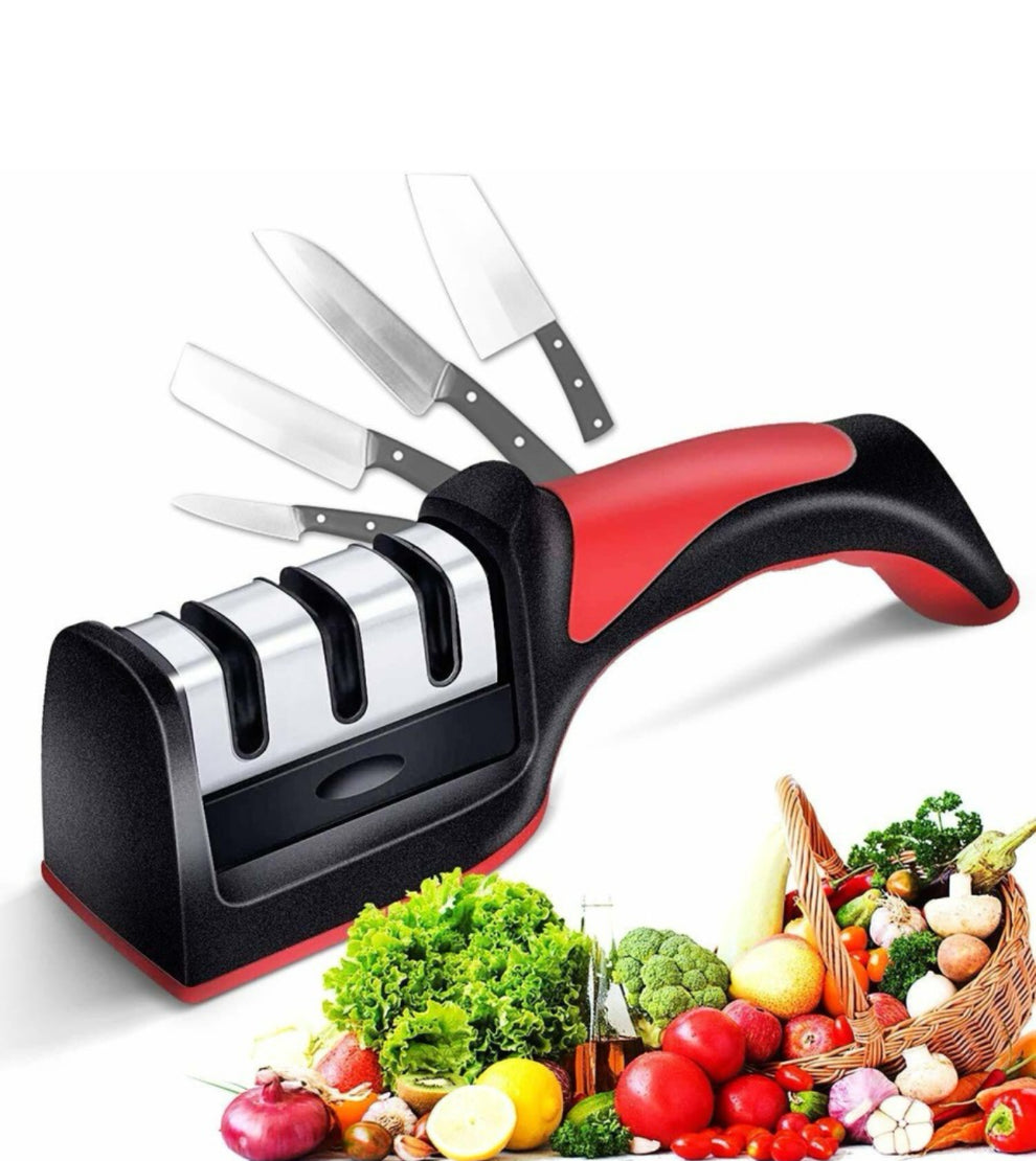 3 in 1 Knife Sharpener with Easy-Grip Handle and Non-Slip Rubber Base,